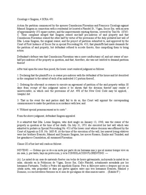 Crisologo V Singson 4 Scra 491 Pdf Inheritance Will And Testament