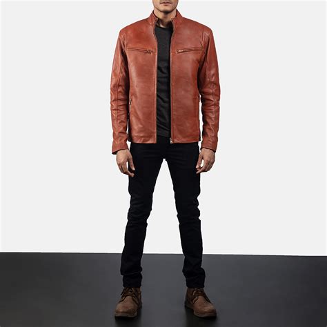 Mens Ionic Tan Brown Leather Biker Jacket