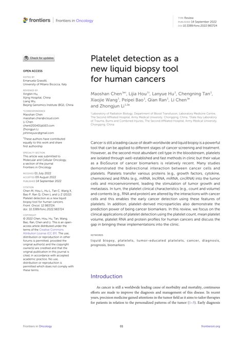 Pdf Platelet Detection As A New Liquid Biopsy Tool For Human Cancers