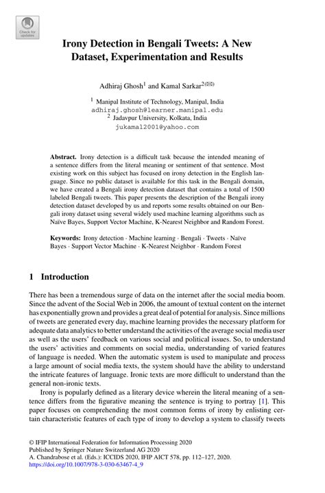 Pdf Irony Detection In Bengali Tweets A New Dataset Experimentation