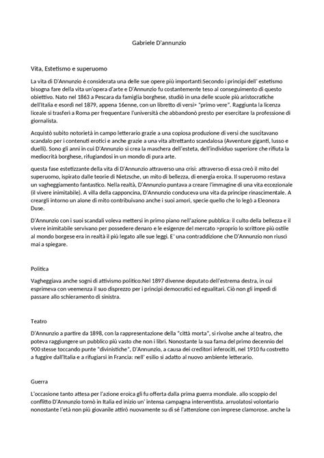 Riassunto Completo Di Gabriele Dannunzio Vita Opere Appunti Di