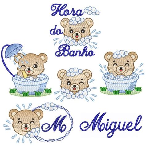 Pacote De Matrizes De Bordado Ursinho Hora Do Banho Com Inicial E Nome