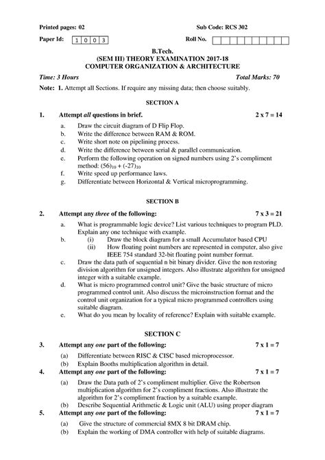 Computer Organization Architecture Rcs 302 Printed Pages 02 Sub Code