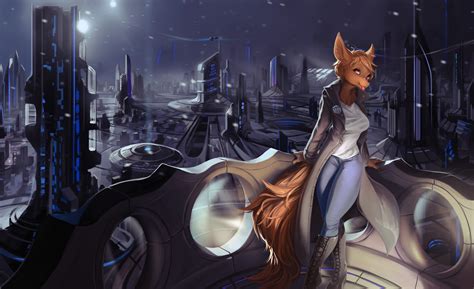 Wallpaper Fox Girl Kitsunemimi Women Furry City Lights Noir