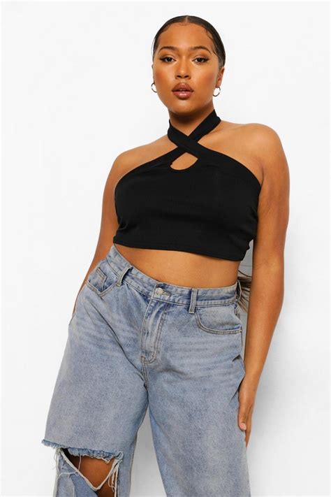 Black Plus Ribbed Keyhole Halter Neck Top Boohoo Uk