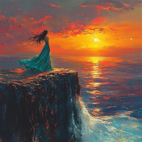 Элегантная женщина в бирюзовом платье танцует на краю утеса при закате в 2025 г Картины с