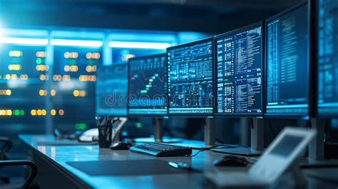 High Tech Workstation With Multiple Computer Monitors Displaying Graphs And Analytical Data Ai