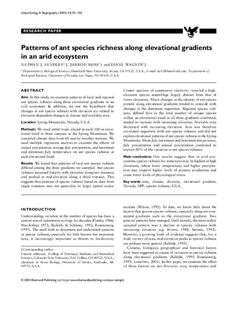 Pdf Patterns Of Ant Species Richness Along Elevational Gradients In An Arid Ecosystem
