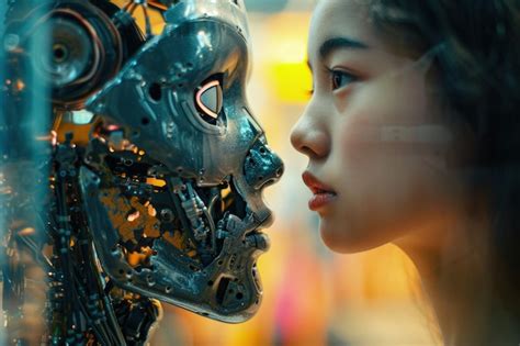 Premium Photo Young Girl Curiously Examines A Robot Mask