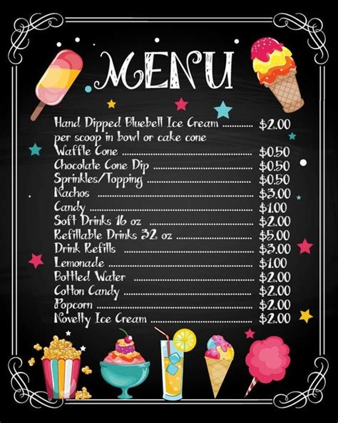 Editable Chalkboard Sweets Menu Icecream Menu Printable