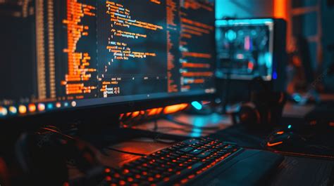 Computer Of A Programmer With Lines Code Of Software Background