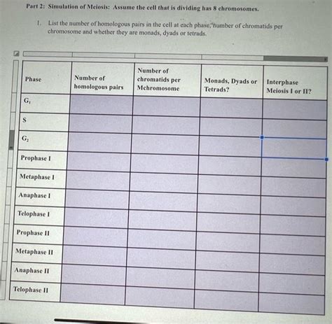 Solved Part 2 Simulation Of Meiosis Assume The Cell That