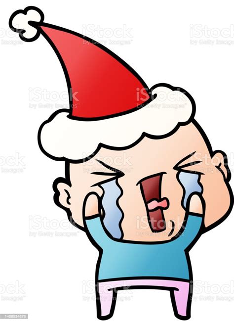 산타 모자를 쓰고 우는 대머리 남자의 손으로 그린 그라데이션 만화 그라데이션에 대한 스톡 벡터 아트 및 기타 이미지