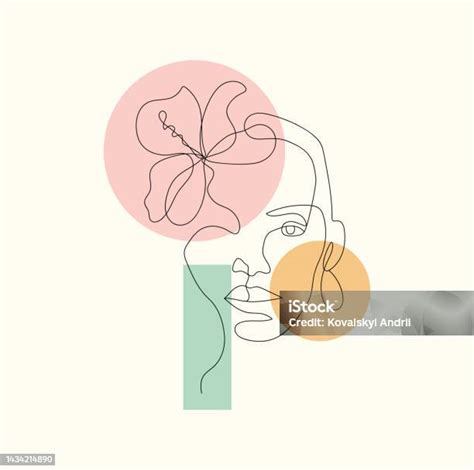 여자는 한 줄 스타일에 직면합니다 꽃과 얼굴 손 그리기 개념 추상적인 기하학적 인물 배경 한 라인 아트 벡터 일러스트 디자인
