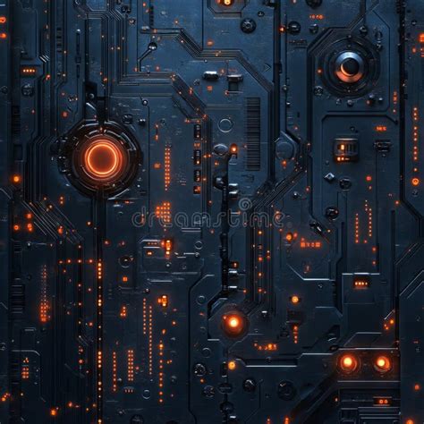 Futuristic Dark Circuit Board With Glowing Orange Elements And Complex