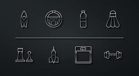 세트 라인 서핑 보드 체스 배드민턴 셔틀콕 욕실 저울 다트 화살표 스티어링 휠 덤벨 및 물병 아이콘 벡터 건강한 생활방식에 대한 스톡 벡터 아트 및 기타 이미지 Istock