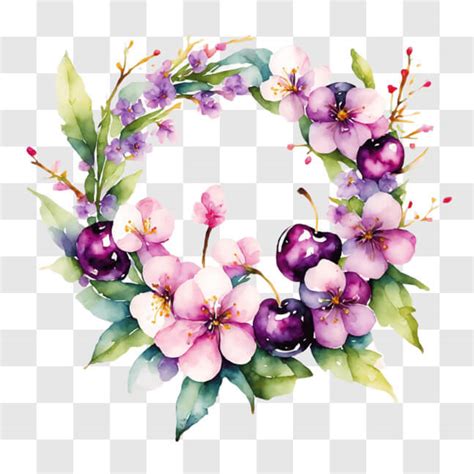 Descarga Hermosa Corona de Flores Moradas y Cerezas PNG En Línea