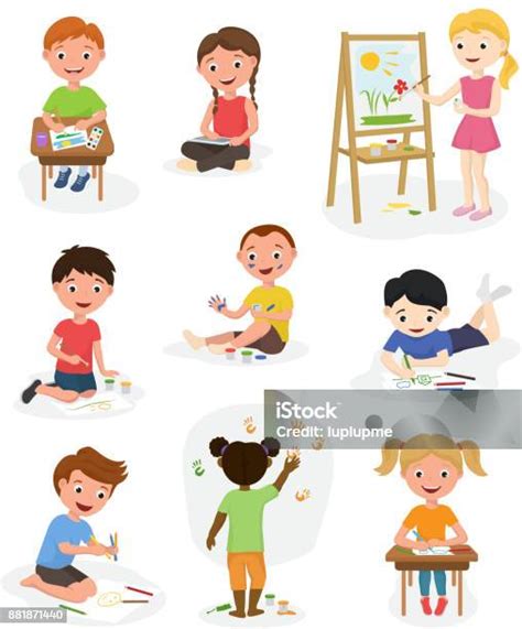 아티스트 귀여운 아이 벡터 페인트 아트 아이 크리에이 티브 드로잉 작품 화가 아이 남자와 여자 예술 사람들이 만화 유년 시절