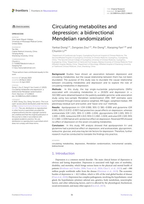 Pdf Circulating Metabolites And Depression A Bidirectional Mendelian Randomization