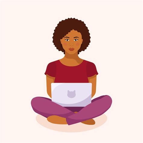 Dunkelhäutige Frau Sitzt In Lotus Pose Mit Laptop Vektor Illustration