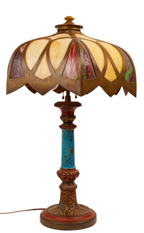 Sold At Auction Table Lamp With Slag Glass Shade