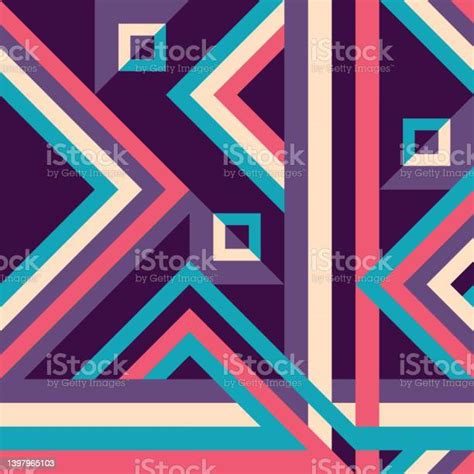 추상적인 기하학적 이음새가 없는 패턴 장식 배경 디자인 컬러 줄무늬와 삼각형 디지털 기술 디자인 스타일 미래 지향적 인 장식 구조 벡터 일러스트레이션 개념에 대한 스톡 벡터