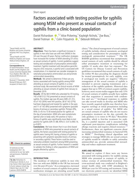Pdf Factors Associated With Testing Positive For Syphilis Among Msm Who Present As Sexual