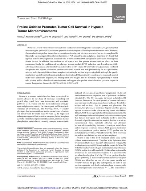 Pdf Proline Oxidase Promotes Tumor Cell Survival In Hypoxic Tumor
