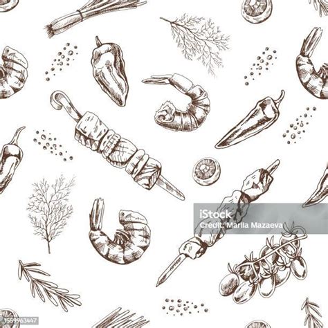 케밥 새우 채소 버섯의 손으로 그린 벡터 원활한 패턴 빈티지 낙서 그림입니다 카페 메뉴와 라벨을 스케치합니다 새겨진 이미지입니다 굽기에 대한 스톡 벡터 아트 및 기타 이미지