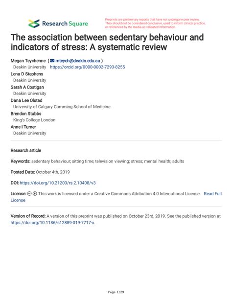 Pdf The Association Between Sedentary Behaviour And Indicators Of Stress A Systematic Review