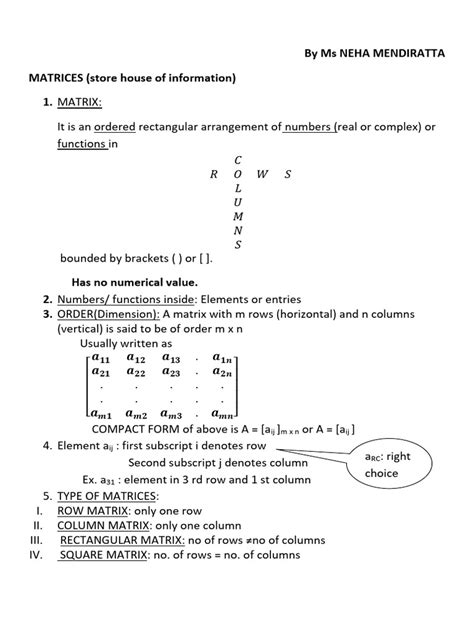 Matrices Summary 2024 25 1 Pdf Matrix Mathematics Determinant