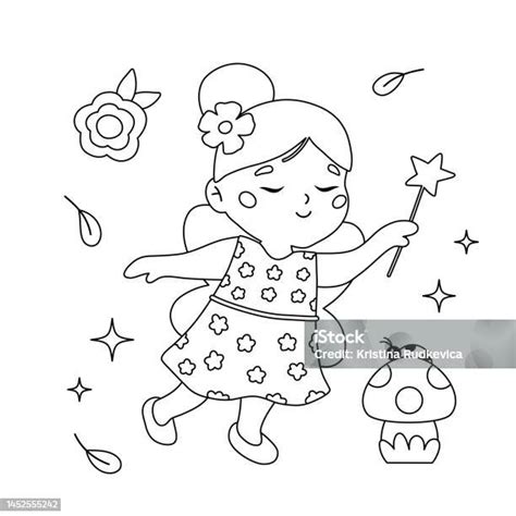 버섯에 귀여운 요정과 무당벌레가 있는 색칠하기 페이지 마술 지팡이를 가진 비행 공주 만화 나뭇잎과 꽃입니다 동화 색칠하기