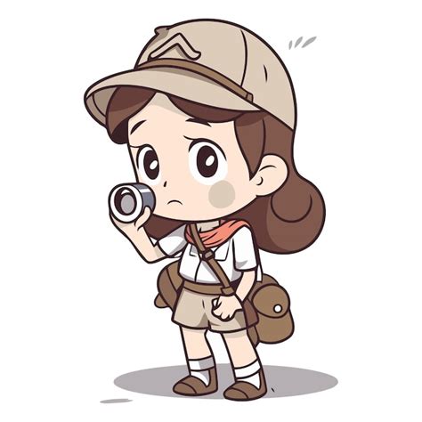 Cute Girl Explorer Holding Binoculars Cartoon Vector Illustration Graphic Design Premium Ai