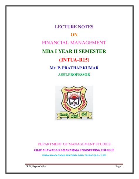 pdf lecture notes financial management mba i year ii semester jntua