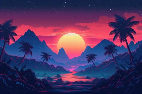 Premium Photo Sunset Over Palm Trees And Mountains