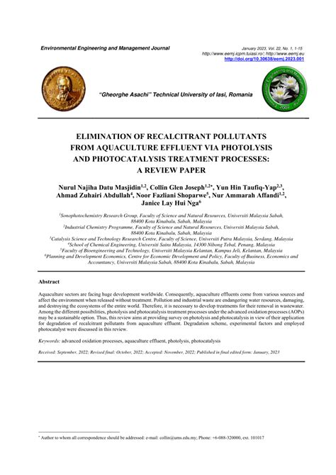 Pdf Elimination Of Recalcitrant Pollutants From Aquaculture Effluent Via Photolysis And