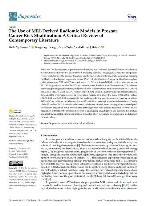 Pdf The Use Of Mri Derived Radiomic Models In Prostate Cancer Risk