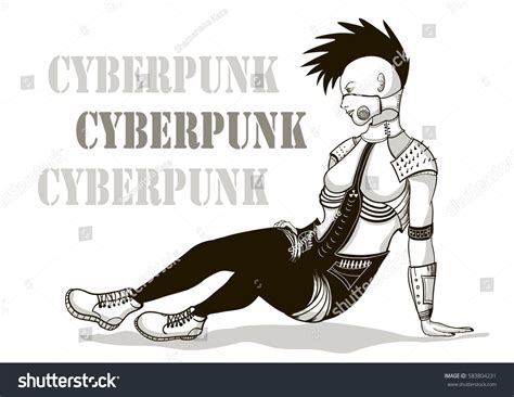Cyberpunk Girl Black White Sketch เวกเตอร์สต็อก ปลอดค่าลิขสิทธิ์