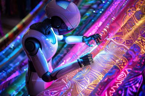 A Robot Fashion Designer Sketching Futuristic Clothing Lines With A Digital Pen On A Holographic