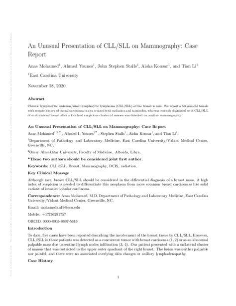 Pdf An Unusual Presentation Of Cllsll On Mammography Case Report