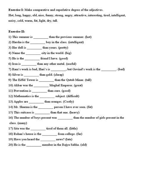 Comparative And Superlative Degrees Of Adjectives Exercise Ppt