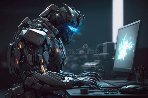 Robot Working With Computer Generative Ai Stock Illustration Illustration Of Internet Trader