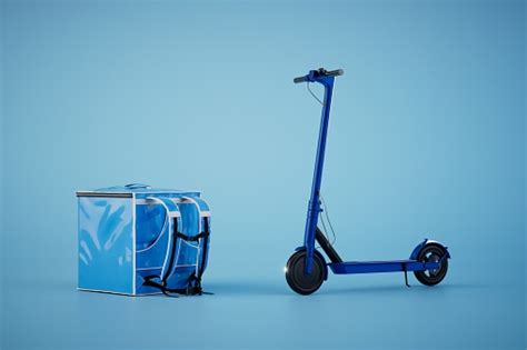 전기 스쿠터에서 음식 배달 파란색 배경에 전기 스쿠터와 음식 배달 가방 3d 렌더링 가방에 대한 스톡 사진 및 기타 이미지 가방 거리 고객 Istock