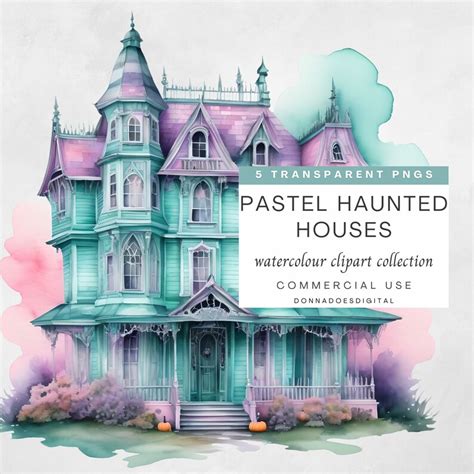 Pastel Haunted House 5 PNGS Halloween Party Hallows Eve Autumn Ghost