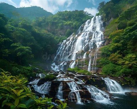 Cascading Tropical Waterfall Ai Generated Stock Illustration