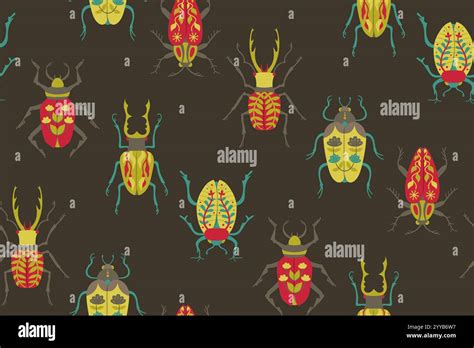 Beetles Seamless Pattern Whimsical Folk Art Insects Different Fantasy Bugs With Patterned Wings