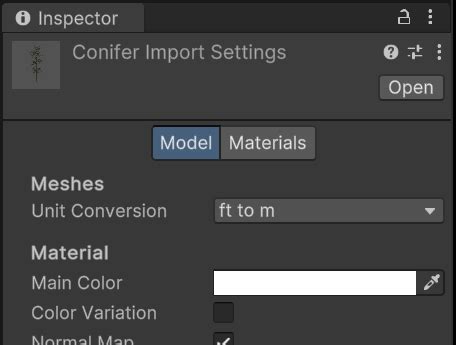 Unity Manual SpeedTree Import Settings Window