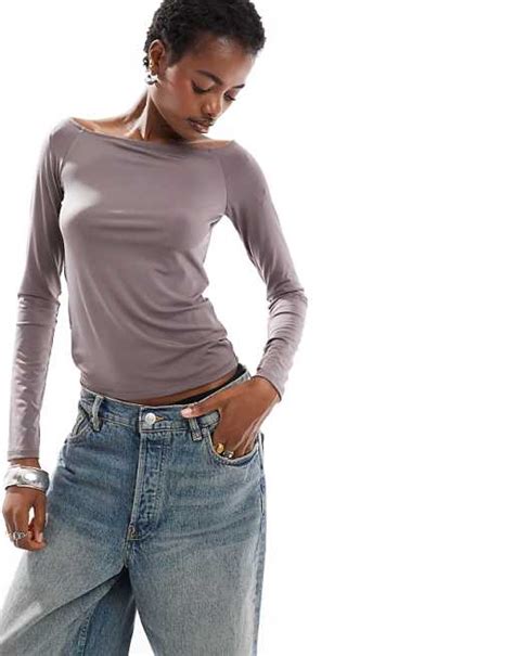 Weekday Off Shoulder Long Sleeve Top In Mole Asos