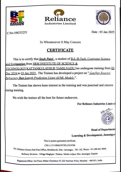 ai machinelearning innovation internshipexperience relianceindustries… sneh patel