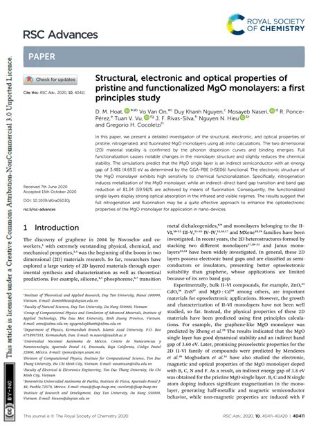 Pdf Structural Electronic And Optical Properties Of Pristine And Functionalized Mgo